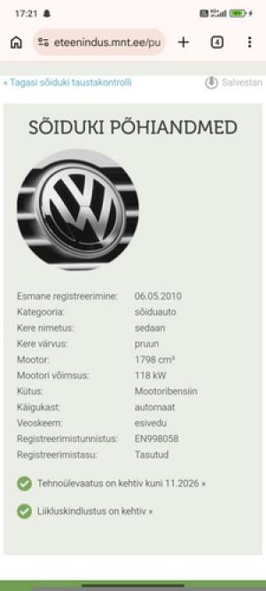 Brūns Volkswagen Passat 2010 Tallina, ar dzinēja tilpumu 1.80 L un nobraukumu 220 tūkst. km par 3500 €, foto  vietnē AUTOMOTO.COM.LV