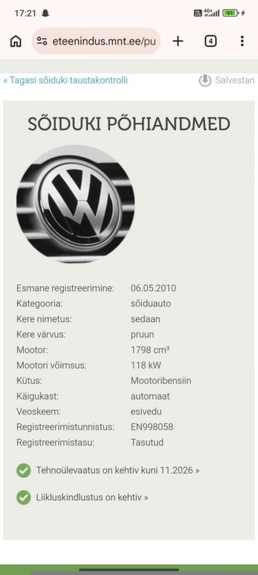 Brūns Volkswagen Passat 2010 Tallina, ar dzinēja tilpumu 1.80 L un nobraukumu 220 tūkst. km par 3500 €, foto 10 vietnē AUTOMOTO.COM.LV