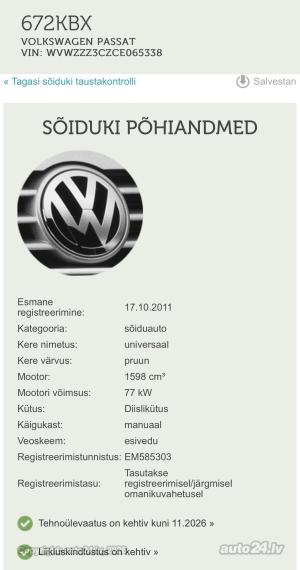 Коричневый Фольксваген Пассат 2011 в Тарту, объемом двигателя 1.60 л и пробегом 370 тыс. км за 4799 €, фото 23 на AUTOMOTO.COM.LV