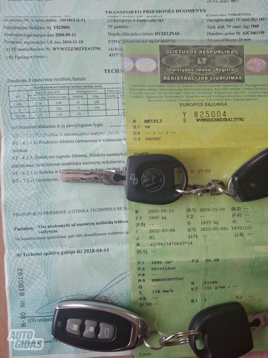 Pelēks Volkswagen Passat 2000 Elektrėnai, ar dzinēja tilpumu 1.90 L un nobraukumu 455 tūkst. km par 930 €, foto 3 vietnē AUTOMOTO.COM.LV