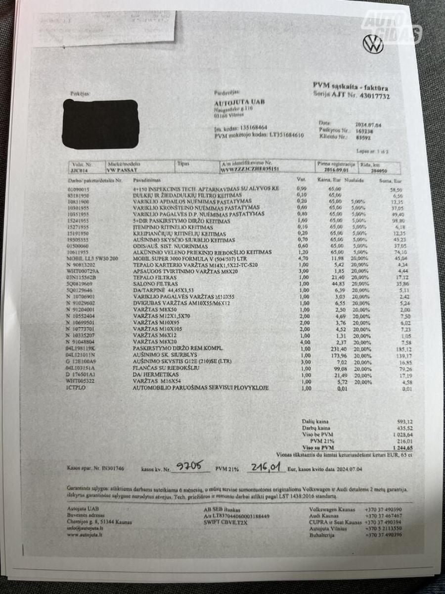 Grey Volkswagen Passat 2016 in Vilnius, with an engine capacity of 2.00 L and mileage of 237 thousand km for 12500 €, photo 24 on AUTOMOTO.COM.LV