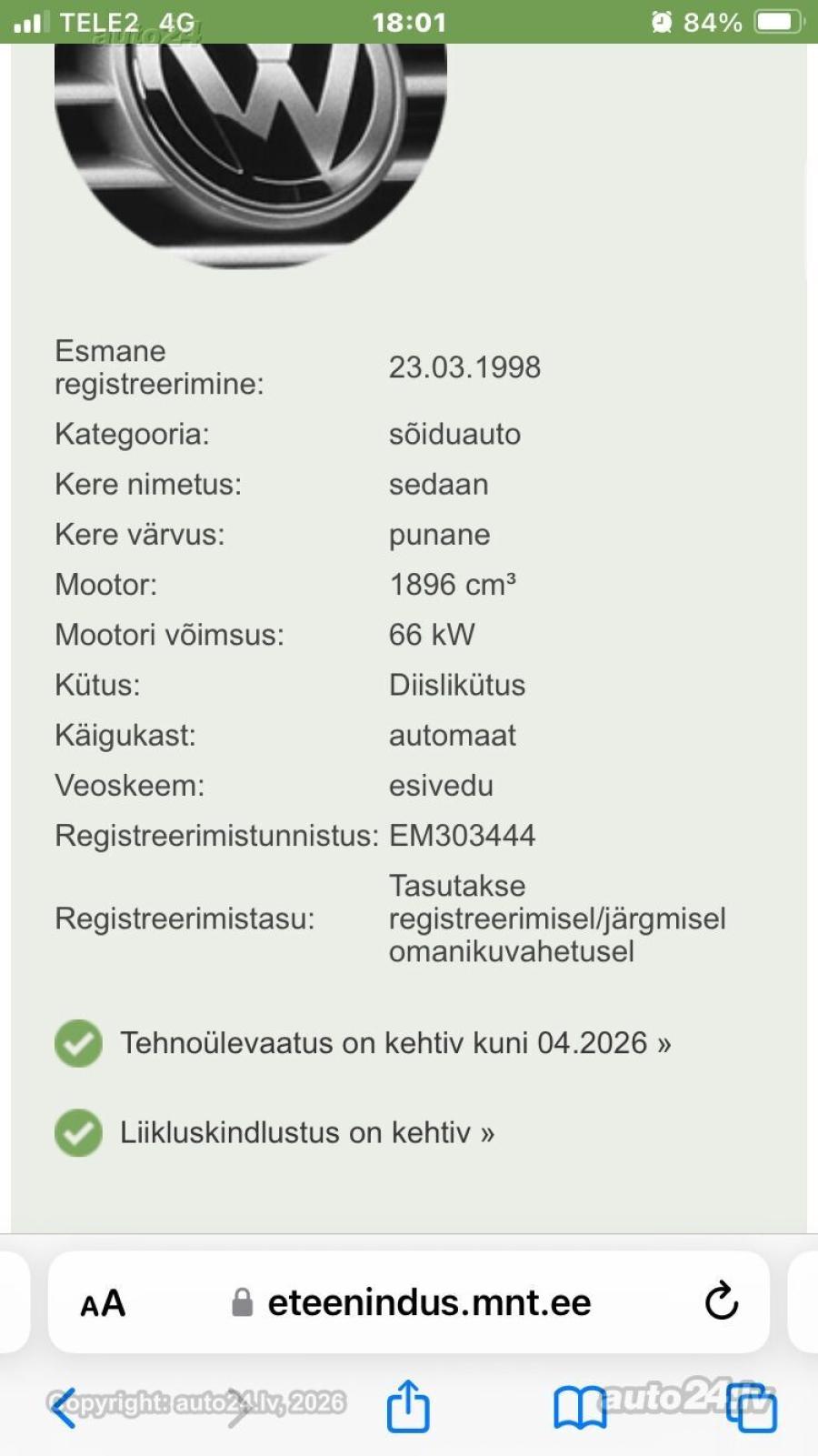 Red Volkswagen Passat 1998 in Tartu, with an engine capacity of 1.90 L and mileage of 0 thousand km for 1250 €, photo 13 on AUTOMOTO.COM.LV