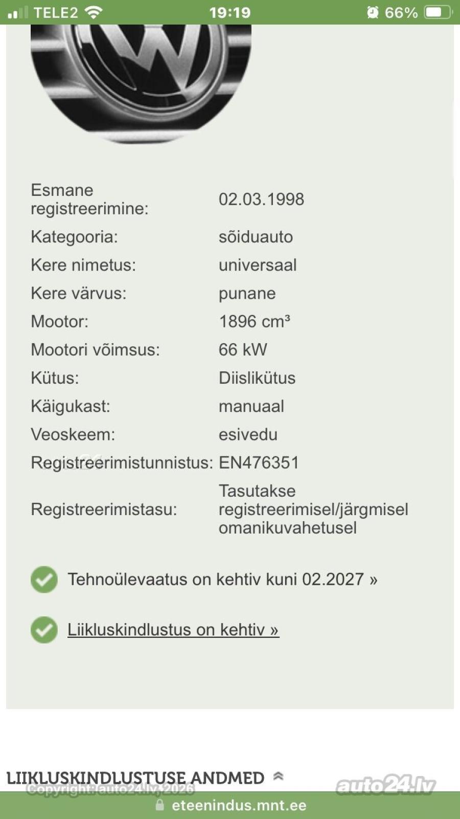 Красный Фольксваген Пассат 1998 в Тарту, объемом двигателя 1.90 л и пробегом 0 тыс. км за 1400 €, фото 12 на AUTOMOTO.COM.LV