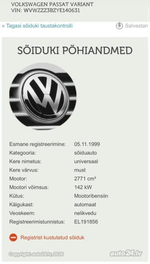Фольксваген Пассат 1999 в Тарту, объемом двигателя 2.80 л и пробегом 0 тыс. км за 650 €, фото 7 на AUTOMOTO.COM.LV