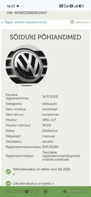 Volkswagen Passat 2003 in Tartu, with an engine capacity of 1.90 L and mileage of 340 thousand km for 2499 €, photo 14 on AUTOMOTO.COM.LV