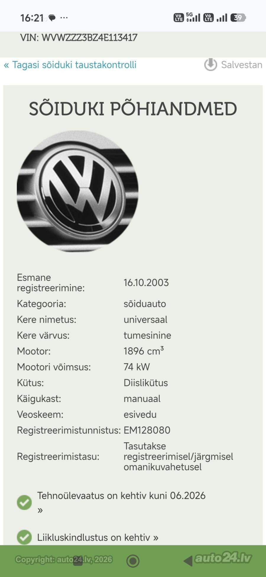 Volkswagen Passat 2003 in Tartu, with an engine capacity of 1.90 L and mileage of 340 thousand km for 2499 €, photo 14 on AUTOMOTO.COM.LV