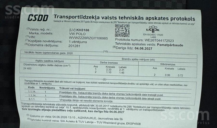 Volkswagen Polo 2016 in Aizkraukle, with an engine capacity of 1.40 L and mileage of 201 thousand km for 4200 €, photo 15 on AUTOMOTO.COM.LV