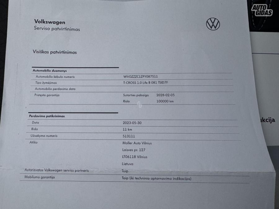 White Volkswagen T-Cross 2023 in Avizieniai, with an engine capacity of 1.00 L and mileage of 86 thousand km for 16500 €, photo 25 on AUTOMOTO.COM.LV