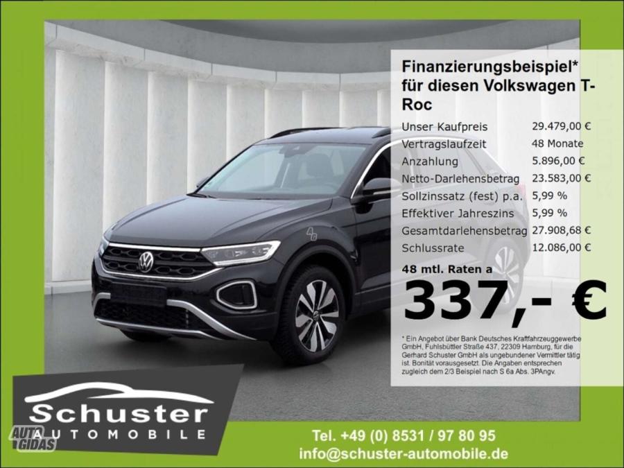 Melns Volkswagen T-Roc 2025 Kauņa, ar dzinēja tilpumu 2.00 L un nobraukumu 13 tūkst. km par 32163 €, foto 1 vietnē AUTOMOTO.COM.LV