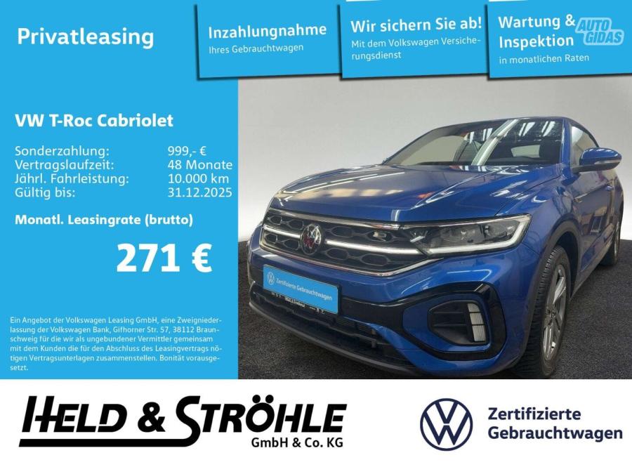 Zils Volkswagen T-Roc 2024 Kauņa, ar dzinēja tilpumu 1.50 L un nobraukumu 18 tūkst. km par 33136 €, foto 1 vietnē AUTOMOTO.COM.LV