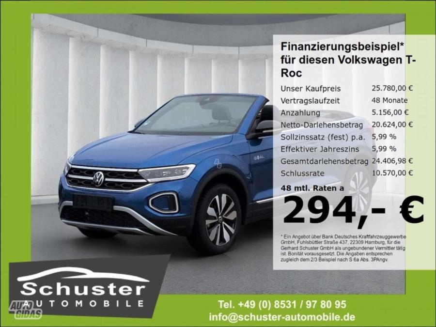 Zils Volkswagen T-Roc 2025 Kauņa, ar dzinēja tilpumu 1.00 L un nobraukumu 25 tūkst. km par 28353 €, foto 1 vietnē AUTOMOTO.COM.LV