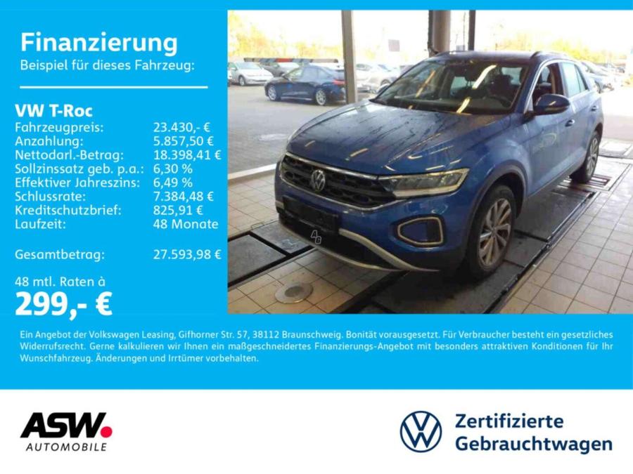 Blue Volkswagen T-Roc 2022 in Kaunas, with an engine capacity of 1.50 L and mileage of 78 thousand km for 26338 €, photo 1 on AUTOMOTO.COM.LV