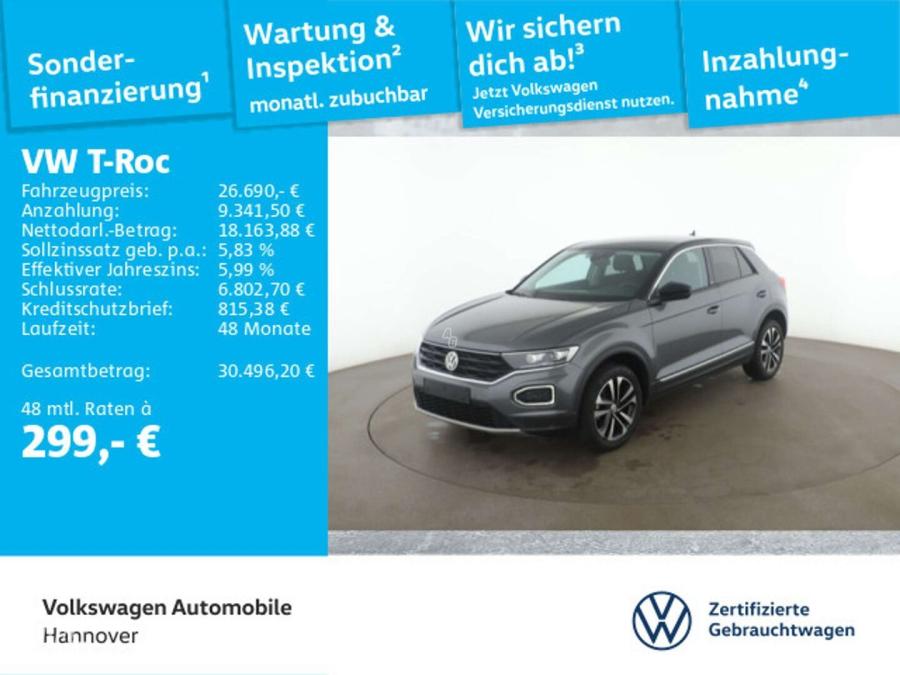 Grey Volkswagen T-Roc 2023 in Kaunas, with an engine capacity of 1.50 L and mileage of 36 thousand km for 29291 €, photo 1 on AUTOMOTO.COM.LV