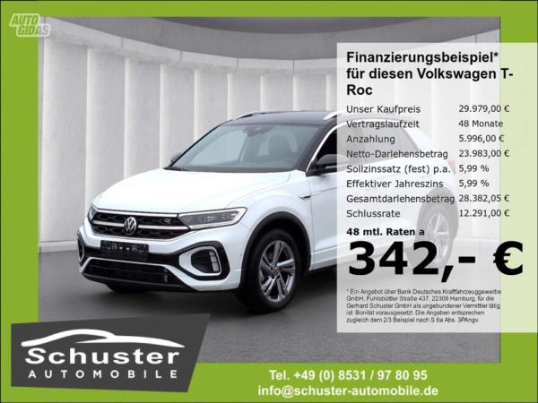 White Volkswagen T-Roc 2025 in Kaunas, with an engine capacity of 1.50 L and mileage of 12 thousand km for 32678 €, photo 1 on AUTOMOTO.COM.LV
