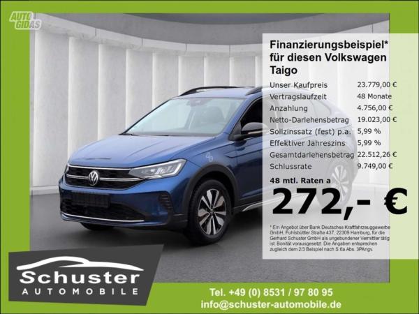 Zils Volkswagen Taigo 2025 Kauņa, ar dzinēja tilpumu 1.00 L un nobraukumu 10 tūkst. km par 26292 €, foto 1 vietnē AUTOMOTO.COM.LV