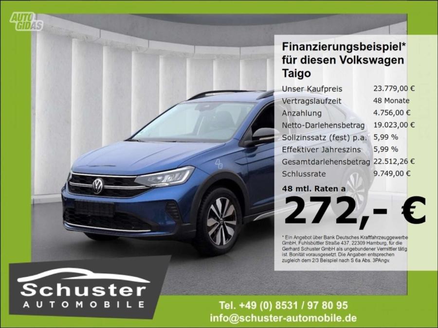 Zils Volkswagen Taigo 2025 Kauņa, ar dzinēja tilpumu 1.00 L un nobraukumu 10 tūkst. km par 26292 €, foto 1 vietnē AUTOMOTO.COM.LV