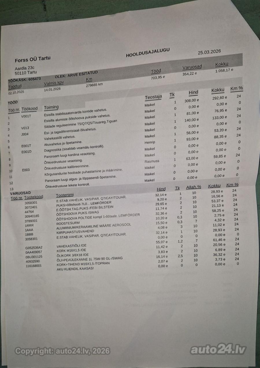 White Volkswagen Touareg 2012 in Tartu, with an engine capacity of 4.10 L and mileage of 280 thousand km for 14900 €, photo 20 on AUTOMOTO.COM.LV