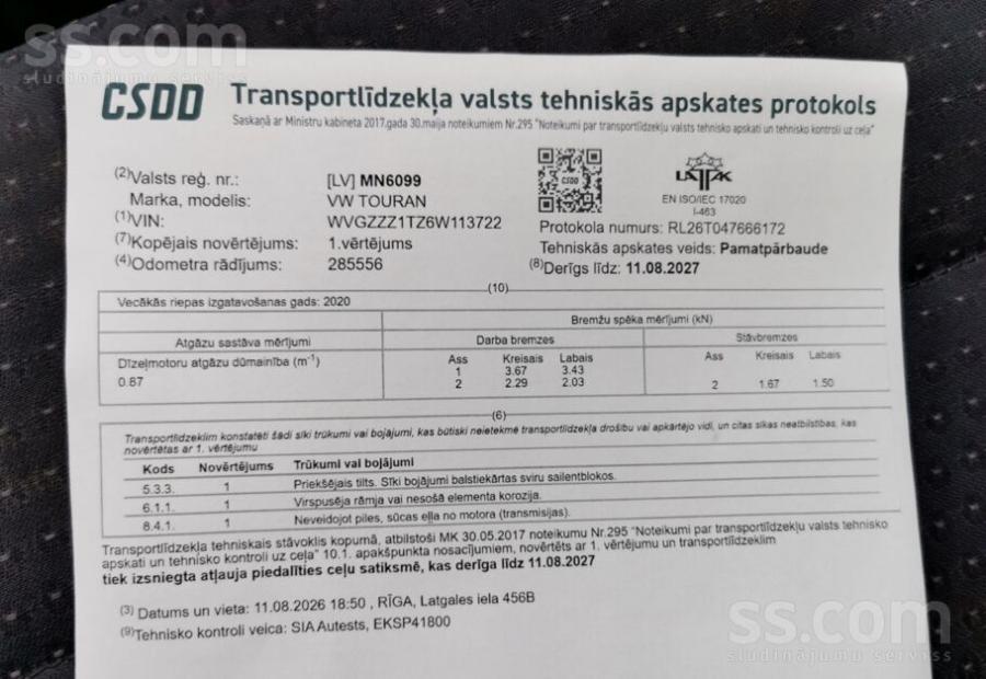 Black Volkswagen Touran 2007 in Riga, with an engine capacity of 2.00 L and mileage of 286 thousand km for 1988 €, photo 21 on AUTOMOTO.COM.LV