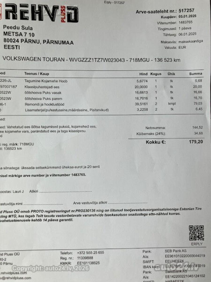 Черный Фольксваген Туран 2007 в Пярну, объемом двигателя 1.90 л и пробегом 141 тыс. км за 3500 €, фото 17 на AUTOMOTO.COM.LV