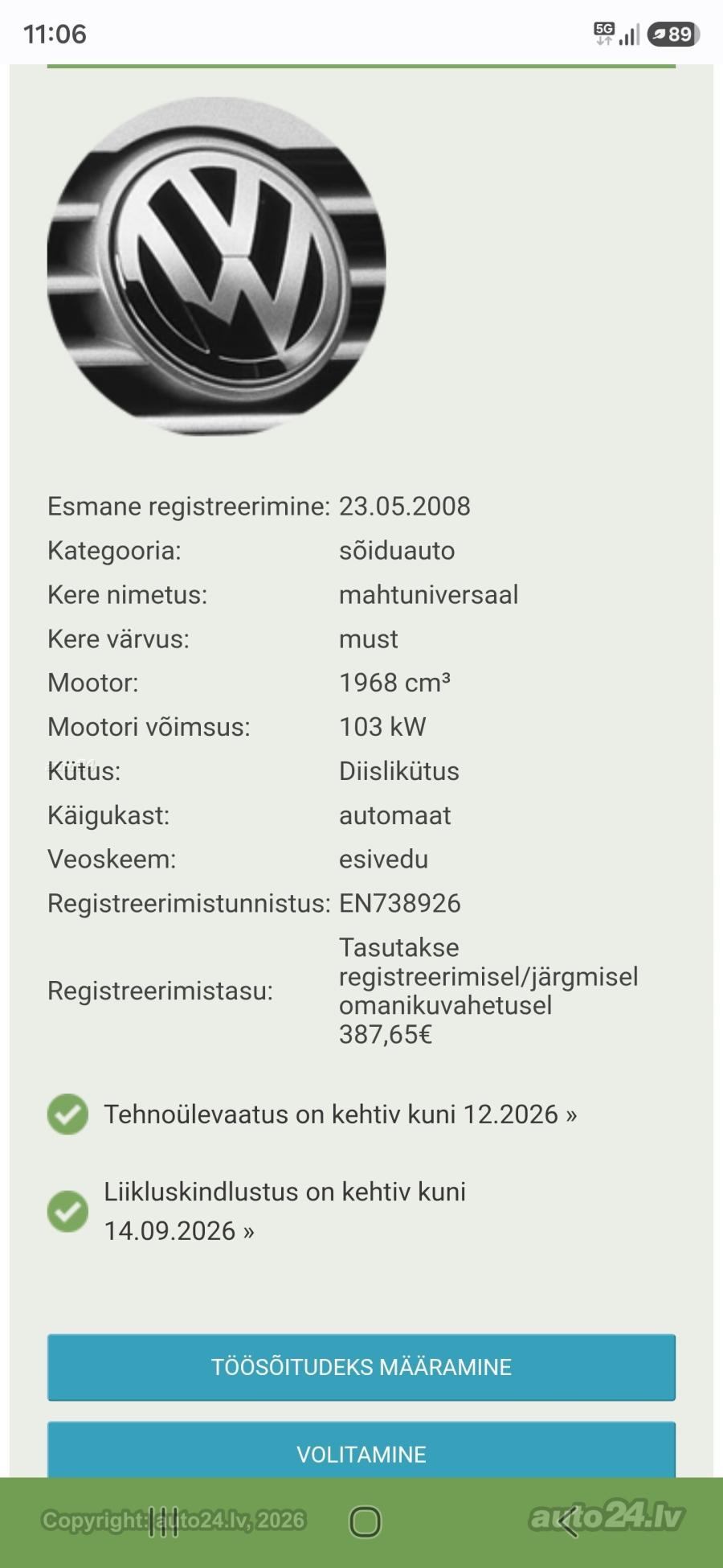 Melns Volkswagen Touran 2008 Tallina, ar dzinēja tilpumu 2.00 L un nobraukumu 387 tūkst. km par 2700 €, foto 11 vietnē AUTOMOTO.COM.LV