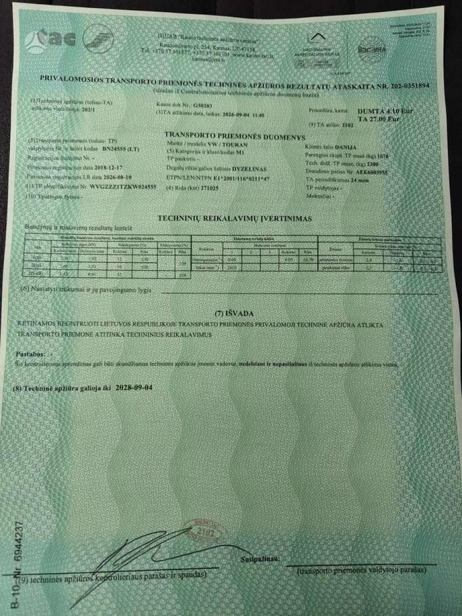 Синий Фольксваген Туран 2018 в Кедайняй, объемом двигателя 1.60 л и пробегом 270 тыс. км за 10300 €, фото 10 на AUTOMOTO.COM.LV