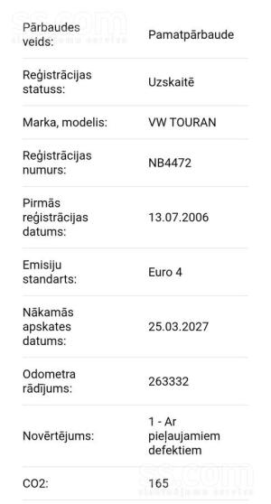 Grey Volkswagen Touran 2006 in Riga, with an engine capacity of 2.00 L and mileage of 266 thousand km for 2250 €, photo 13 on AUTOMOTO.COM.LV