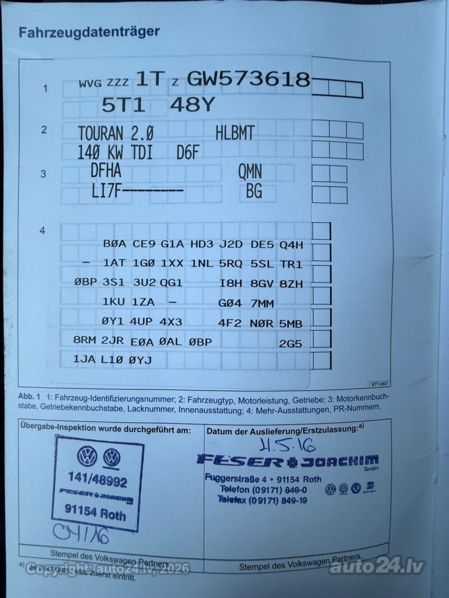 Grey Volkswagen Touran 2016 in Tartu, with an engine capacity of 2.00 L and mileage of 209 thousand km for 15999 €, photo 28 on AUTOMOTO.COM.LV