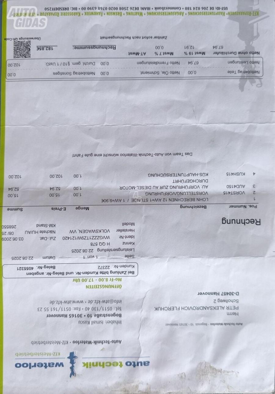 Volkswagen Touran 2009 in Taurage, with an engine capacity of 1.90 L and mileage of 272 thousand km for 1900 €, photo 23 on AUTOMOTO.COM.LV