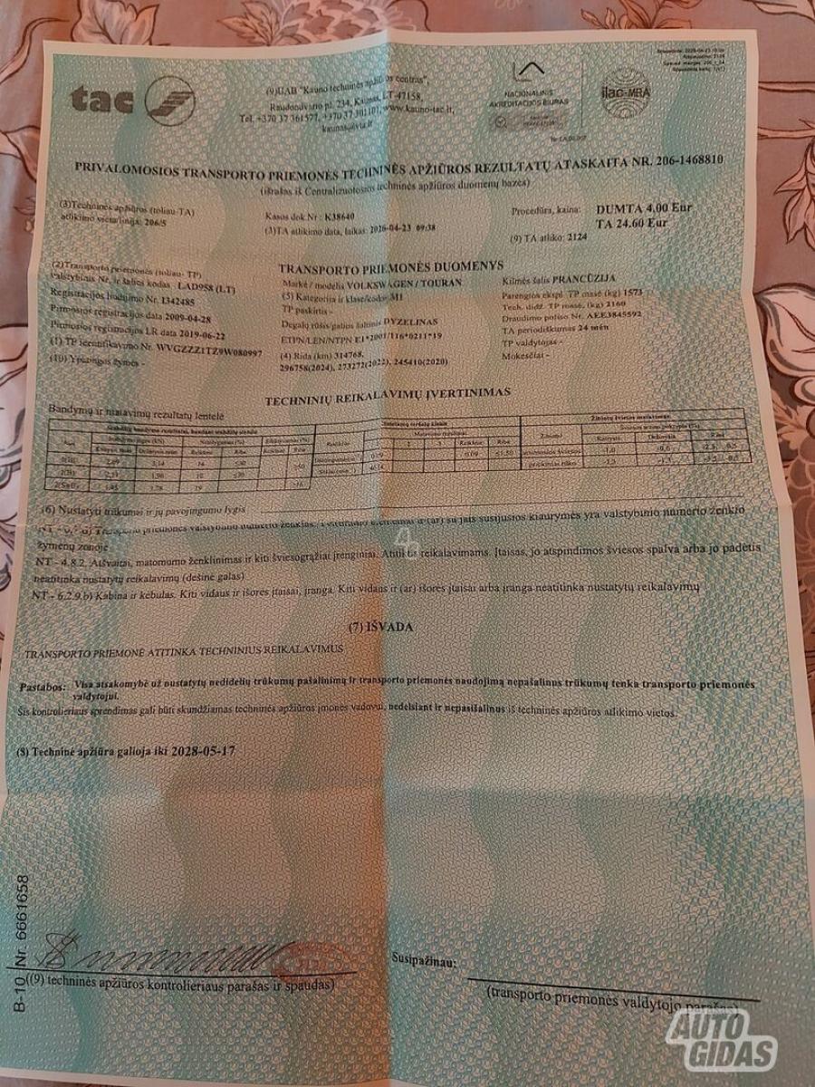 Фольксваген Туран 2009 в Каунас, объемом двигателя 1.90 л и пробегом 315 тыс. км за 3000 €, фото 10 на AUTOMOTO.COM.LV