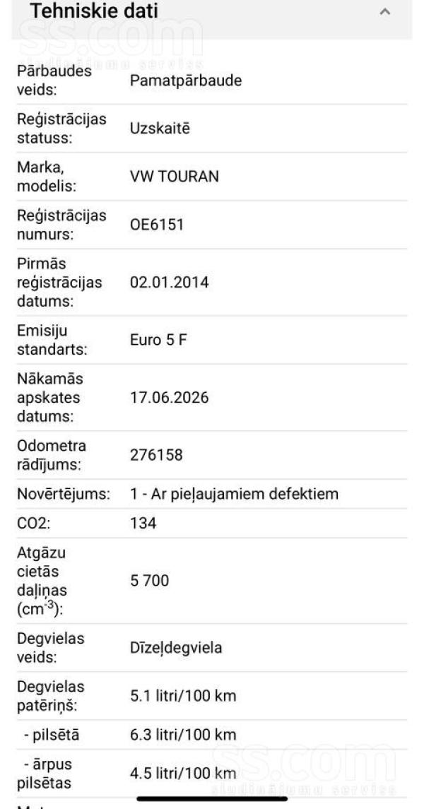 Volkswagen Touran 2014 in Riga, with an engine capacity of 1.60 L and mileage of 277 thousand km for 4250 €, photo 9 on AUTOMOTO.COM.LV