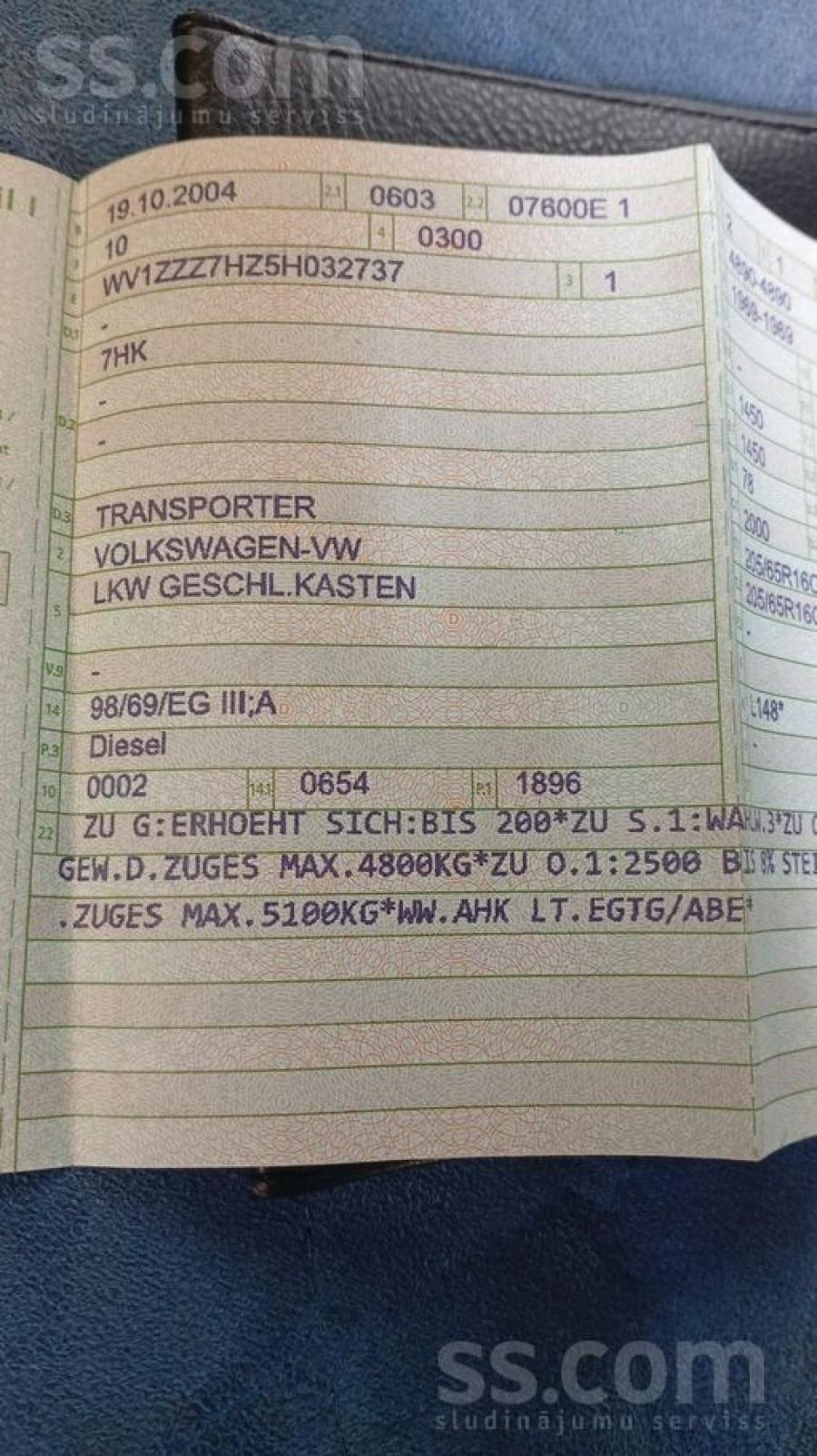 Белый Фольксваген Transporter 2004 в Айзкраукле, объемом двигателя 1.90 л и пробегом 0 тыс. км за 3000 €, фото 11 на AUTOMOTO.COM.LV