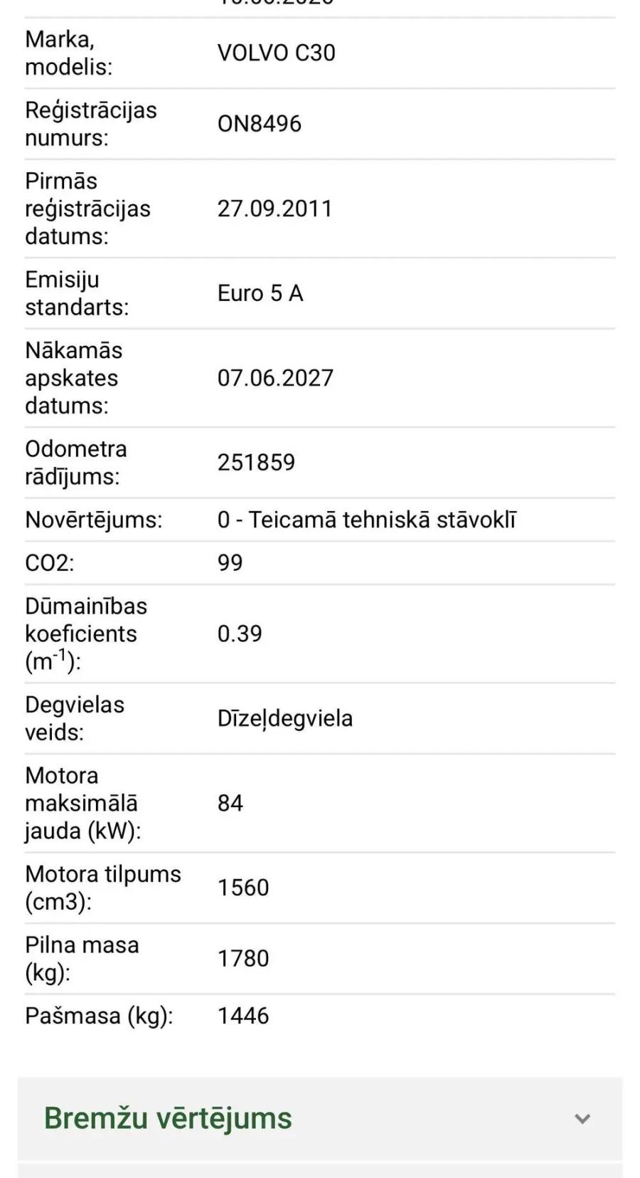 White Volvo C30 2011 in Riga, with an engine capacity of 1.60 L and mileage of 251 thousand km for 4995 €, photo 22 on AUTOMOTO.COM.LV