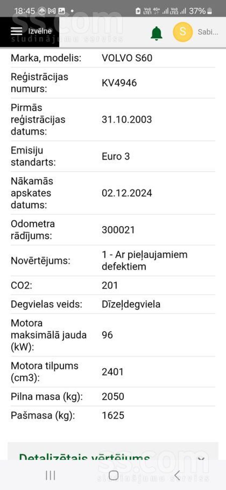 Black Volvo S60 2003 in Riga, with an engine capacity of 2.40 L and mileage of 315 thousand km for 970 €, photo 32 on AUTOMOTO.COM.LV
