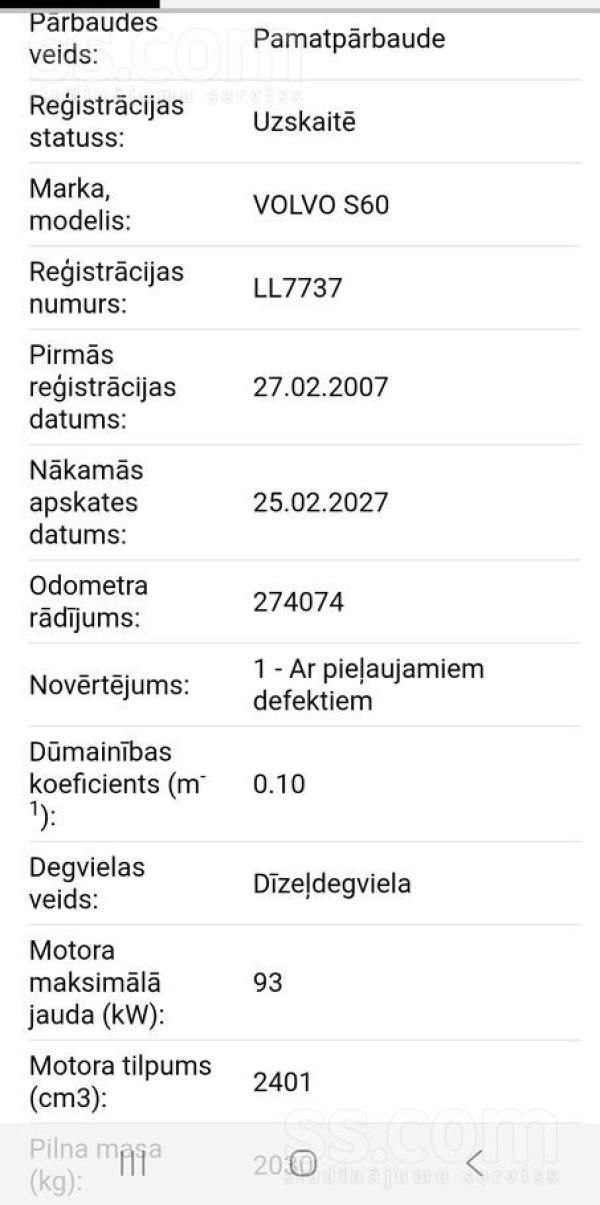 Grey Volvo S60 2007 in Balvi, with an engine capacity of 2.40 L and mileage of 276 thousand km for 2000 €, photo 9 on AUTOMOTO.COM.LV
