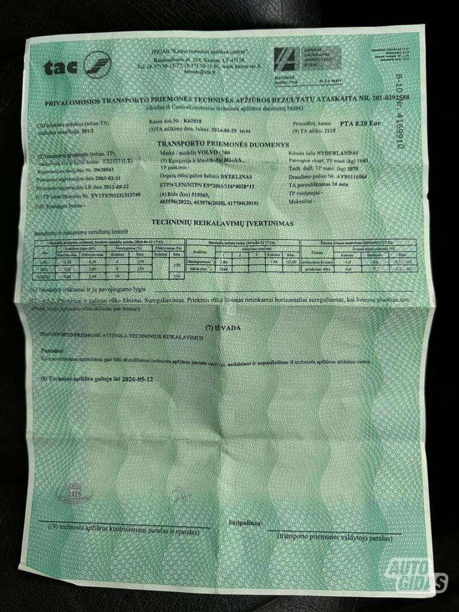 Вольво С80 2003 в Вильнюс, объемом двигателя 2.40 л и пробегом 540 тыс. км за 700 €, фото 14 на AUTOMOTO.COM.LV