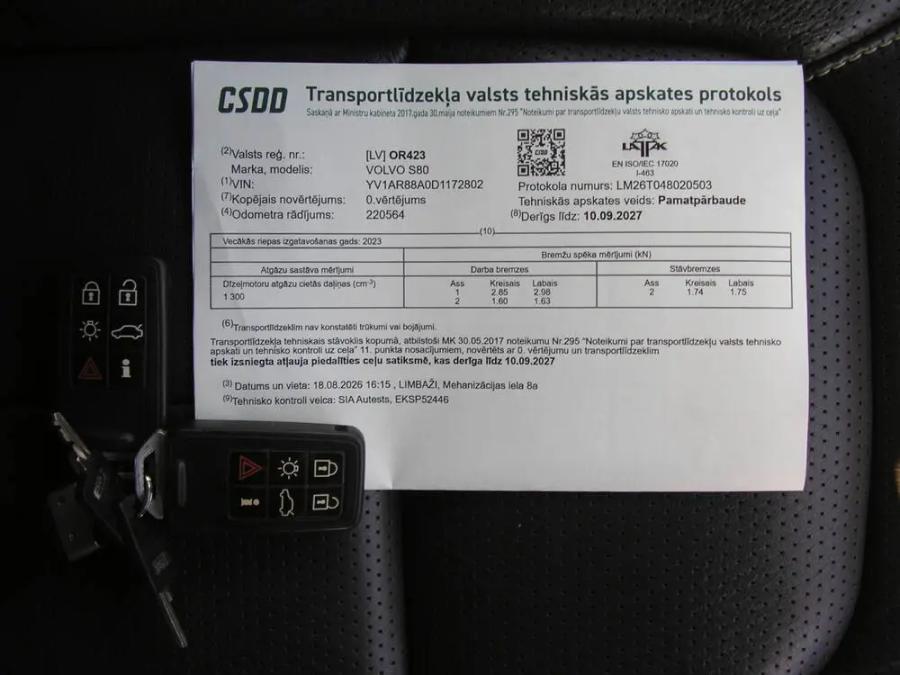 Volvo S80 2013 in Sigulda, with an engine capacity of 2.00 L and mileage of 220 thousand km for 8950 €, photo 47 on AUTOMOTO.COM.LV