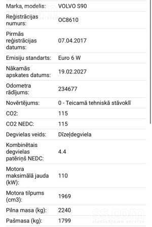 White Volvo S90 2017 in Riga, with an engine capacity of 2.00 L and mileage of 230 thousand km for 16990 €, photo 30 on AUTOMOTO.COM.LV