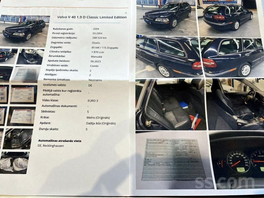 Black Volvo V40 2004 in Riga, with an engine capacity of 1.90 L and mileage of 330 thousand km for 1800 €, photo 23 on AUTOMOTO.COM.LV
