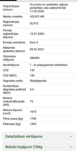 Volvo V40 2004 in Riga, with an engine capacity of 1.90 L and mileage of 280 thousand km for 2400 €, photo 20 on AUTOMOTO.COM.LV