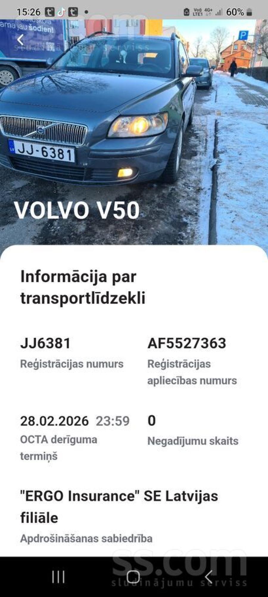 Grey Volvo V50 2005 in Valmiera, with an engine capacity of 2.00 L and mileage of 261 thousand km for 1535 €, photo 11 on AUTOMOTO.COM.LV