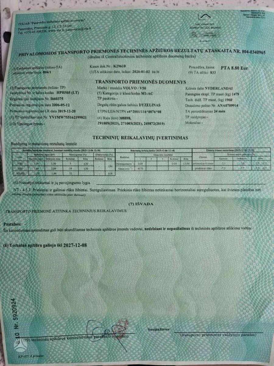 Серый Вольво В50 2006 в Паневежис, объемом двигателя 2.00 л и пробегом 311 тыс. км за 1300 €, фото 14 на AUTOMOTO.COM.LV