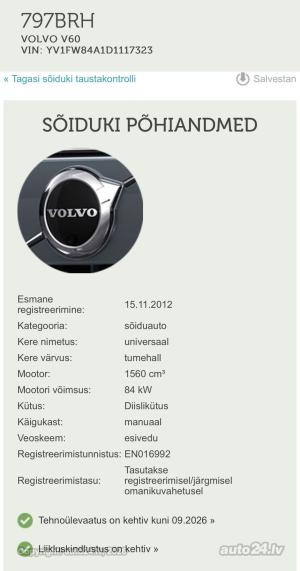 Pelēks Volvo V60 2012 Tartu, ar dzinēja tilpumu 1.60 L un nobraukumu 298 tūkst. km par 4990 €, foto 21 vietnē AUTOMOTO.COM.LV