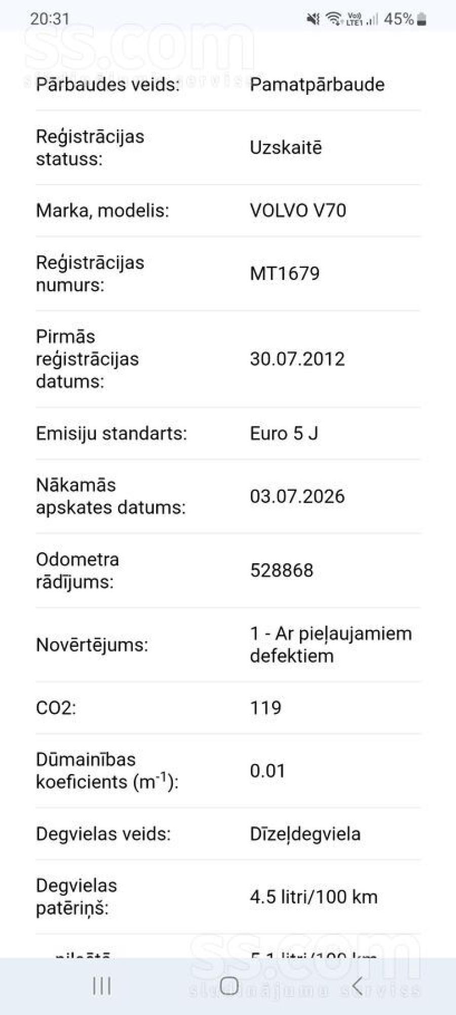 Blue Volvo V70 2012 in Ventspils, with an engine capacity of 1.60 L and mileage of 544 thousand km for 1750 €, photo 13 on AUTOMOTO.COM.LV