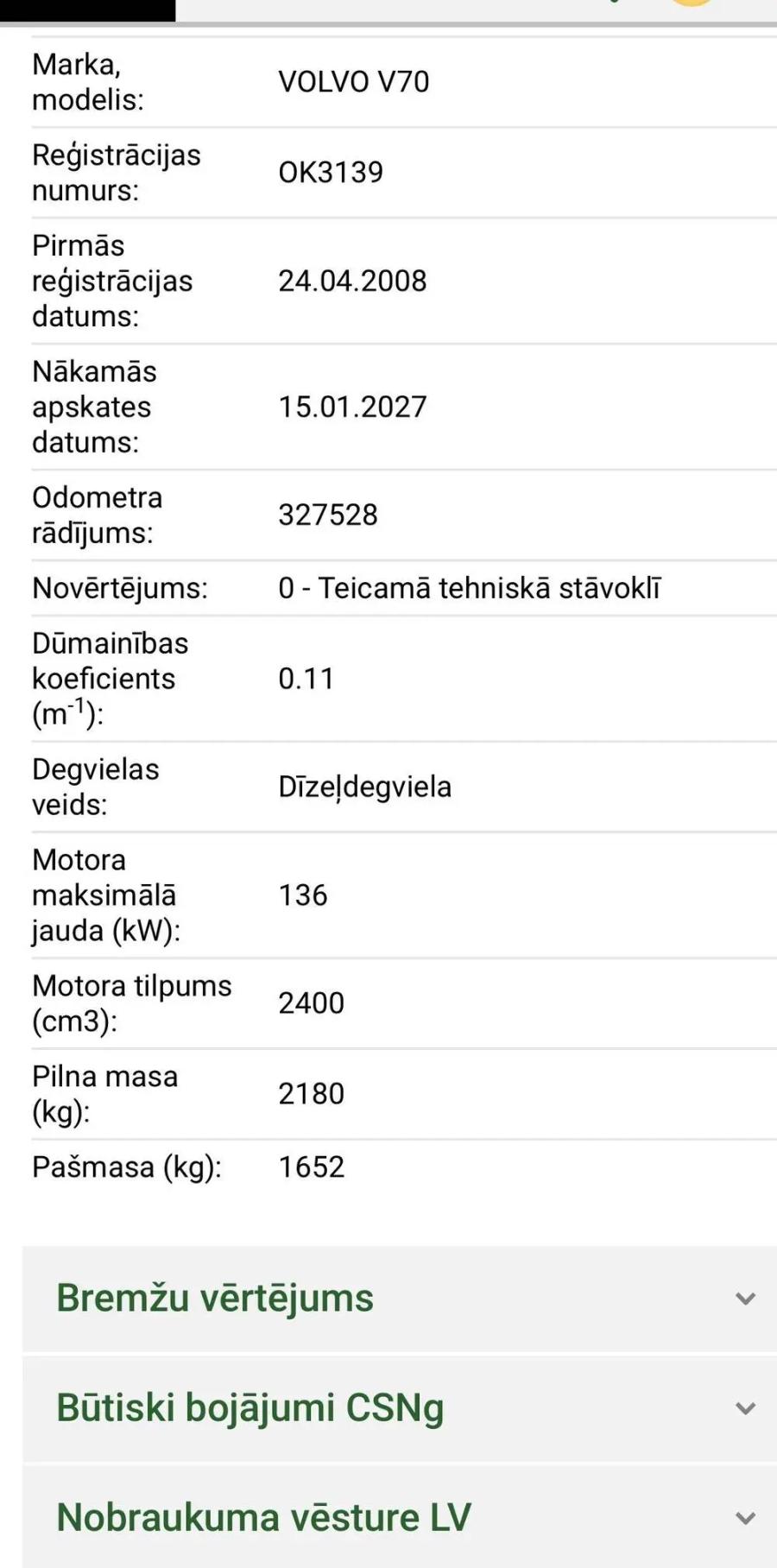 Zaļš Volvo V70 2008 Rīga, ar dzinēja tilpumu 2.40 L un nobraukumu 327 tūkst. km par 4495 €, foto 27 vietnē AUTOMOTO.COM.LV