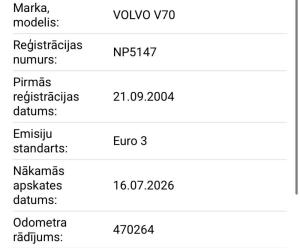 Grey Volvo V70 2004 in Riga, with an engine capacity of 2.40 L and mileage of 471 thousand km for 1490 €, photo 23 on AUTOMOTO.COM.LV