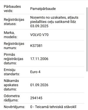 Grey Volvo V70 2006 in Riga, with an engine capacity of 2.40 L and mileage of 295 thousand km for 2990 €, photo 25 on AUTOMOTO.COM.LV
