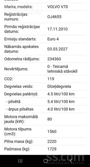 Pelēks Volvo V70 2010 Talsi, ar dzinēja tilpumu 1.60 L un nobraukumu 234 tūkst. km par 4350 €, foto 21 vietnē AUTOMOTO.COM.LV
