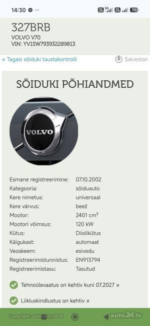 Volvo V70 2002 Tartu, ar dzinēja tilpumu 2.40 L un nobraukumu 0 tūkst. km par 1799 €, foto 13 vietnē AUTOMOTO.COM.LV