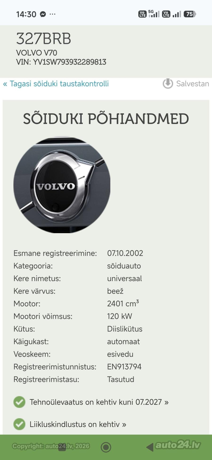 Volvo V70 2002 Tartu, ar dzinēja tilpumu 2.40 L un nobraukumu 0 tūkst. km par 1799 €, foto 13 vietnē AUTOMOTO.COM.LV