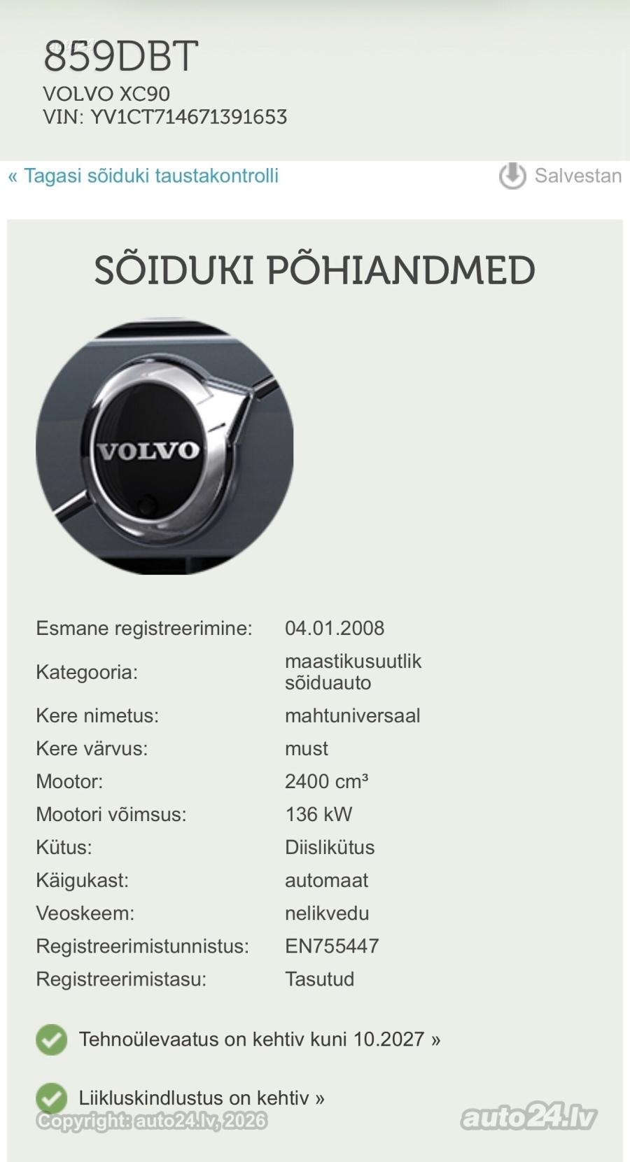 Melns Volvo XC90 2008 Tartu, ar dzinēja tilpumu 2.40 L un nobraukumu 382 tūkst. km par 6800 €, foto 30 vietnē AUTOMOTO.COM.LV